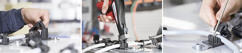 P-clamps for mounting wires, cables, hoses, pipes